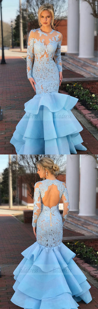 Elegant Lace Long Sleeves Open Back Mermaid Evening Dresses,BD98142 ...